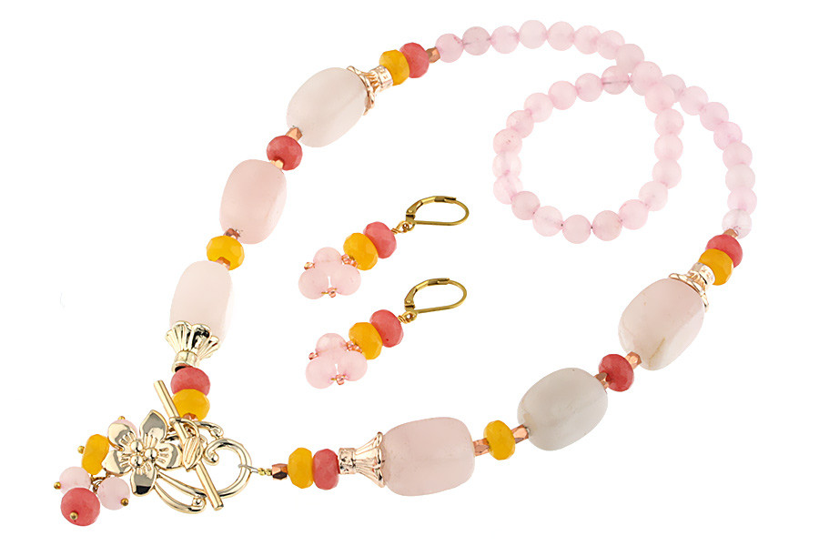 Set colier si cercei realizat din cuart roz si jad galben-somon ...