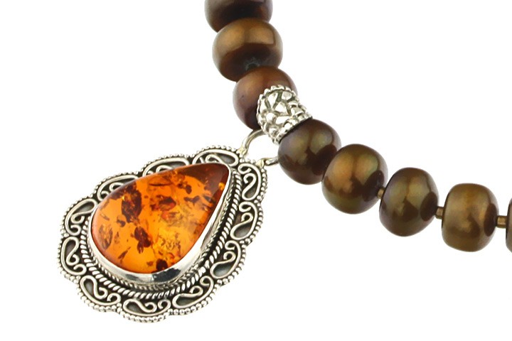 Colier unicat din chihlimbar in argint masiv si perle de cultura maro ...