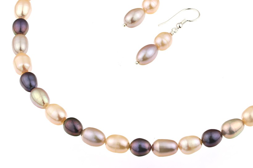 Set bijuterii realizat din perle naturale ovale piersica, lila, negre ...