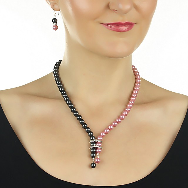 Set de bijuterii realizat din perle de Mallorca roz-negru | Magazin ...