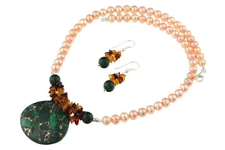 Set bijuterii unicat realizat din malachit, chihlimbar si perle de ...