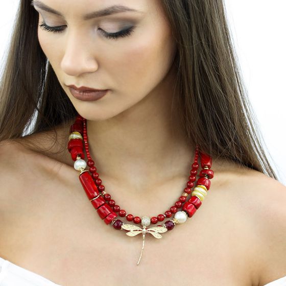 Set doua coliere din coral, perle naturale si elemente placate cu aur ...