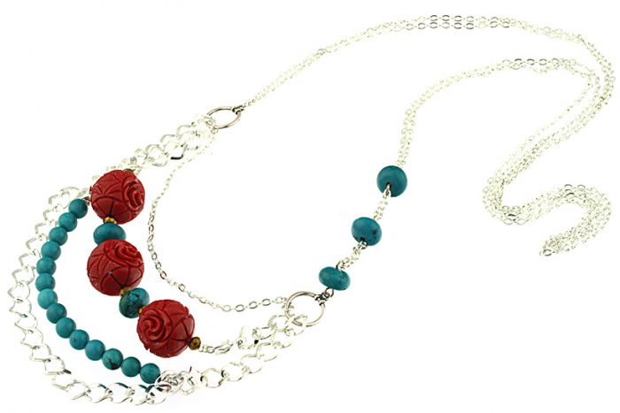 Colier asimetric realizat din turcoaz natural, coral si lant argintiu ...