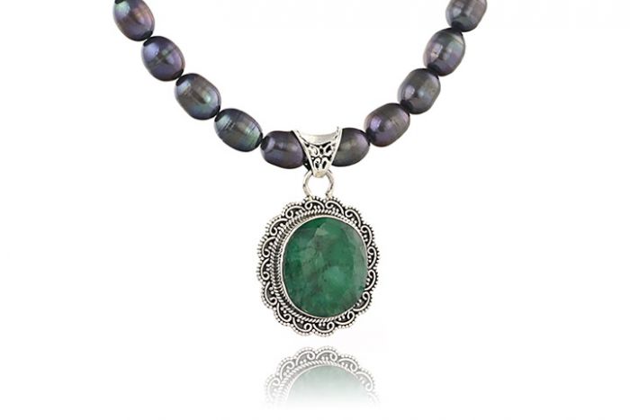 Colier unicat din smarald in argint masiv si perle de cultura negre ...