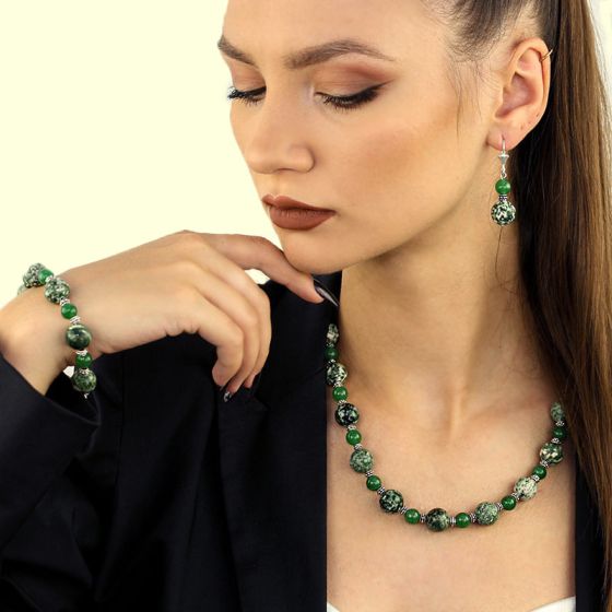 Set colier si cercei realizat din tree agat si jad verde | Magazin ...