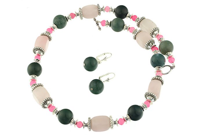 Set colier si cercei realizat din cuart roz rectangular si agat Moss ...