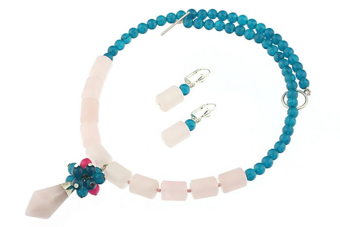 Set colier si cercei realizat din cuart roz si jad albastru | Magazin ...