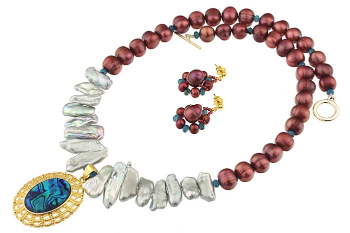 Set colier si cercei realizat din sidef albastru Paua, perle naturale ...