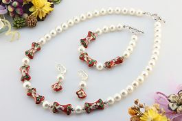 Set perle albe de sidef si cloisonne rosu | Magazin online de bijuterii