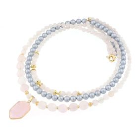 Colier exclusivist din perle naturale albe, cuart roz fatetat si ...